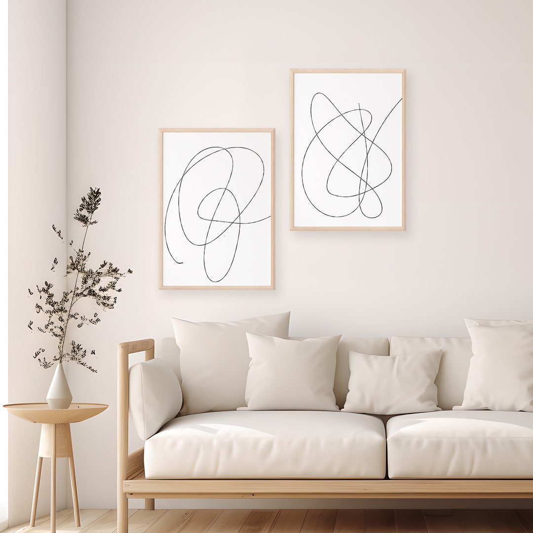 Set of 2 Minimalism in Black and White Line Art, Abstract, Continuous ...