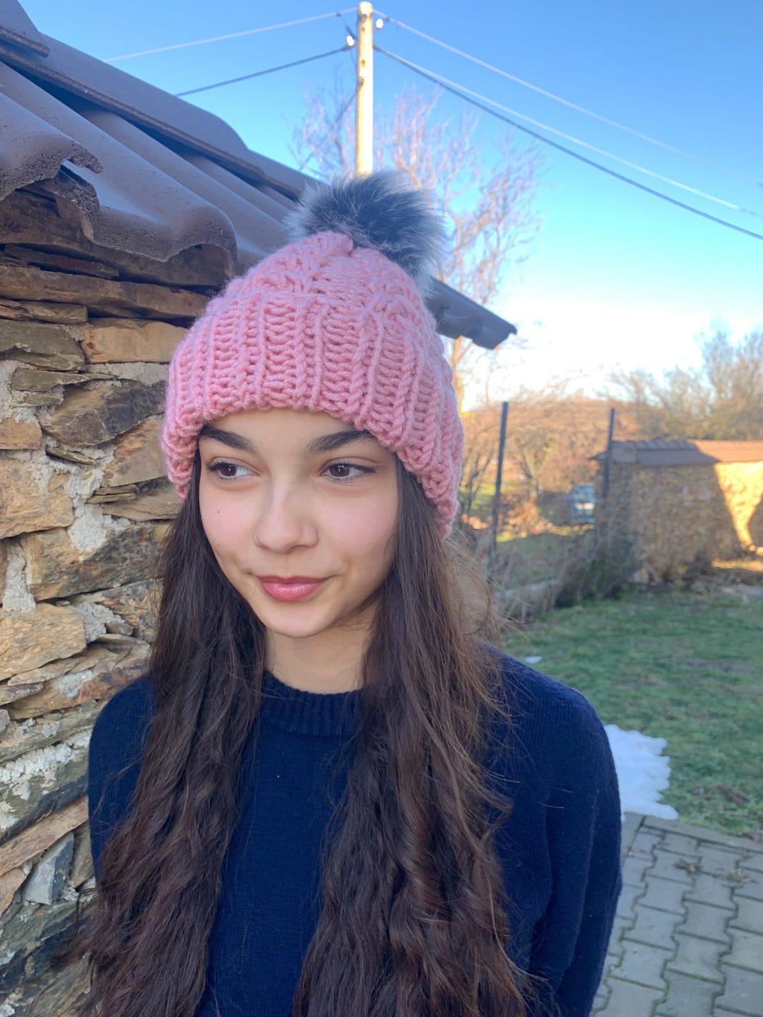 Hand Knitted Pink Wool Hat With Pom Pom, Winter Warm - Etsy UK