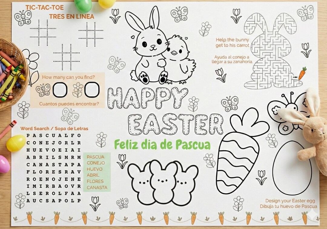 Printable Easter Activity Placemat for Kids Bilingual Spanish English ...