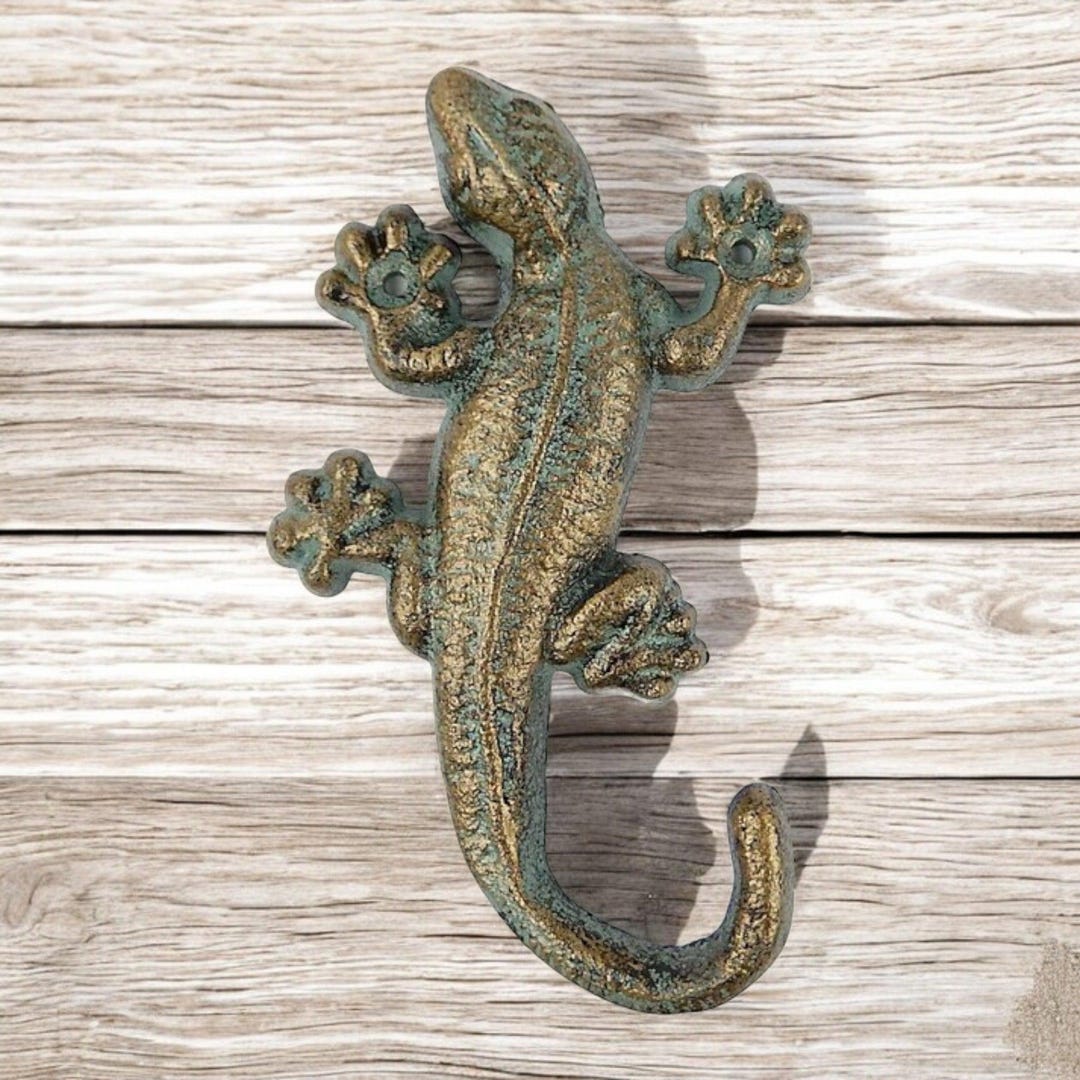 Green & Gold Cast Iron Gecko Animal Wall Hook – Unique Lizard Reptile ...