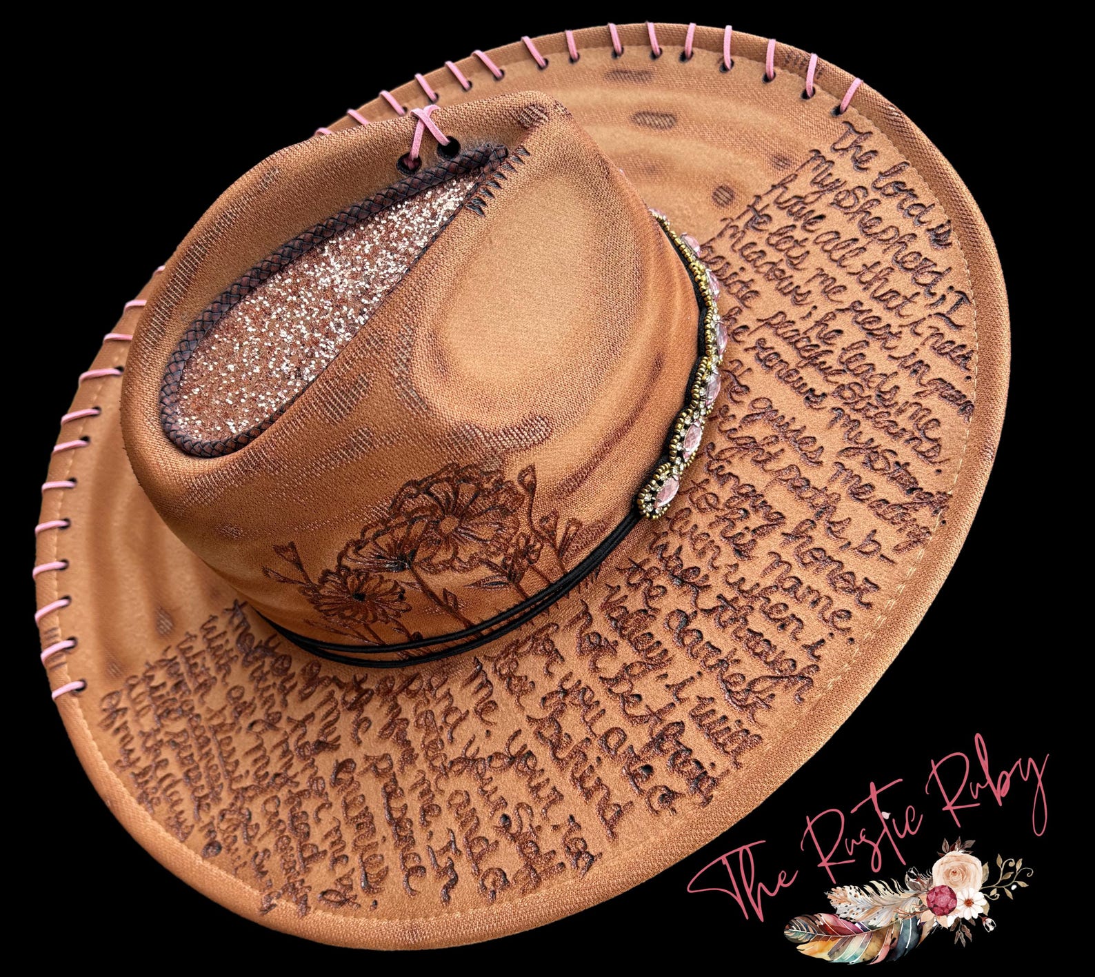 Pslam of David Hat, Hand Burned Flower Brim, Wide Brim Western Hat With ...