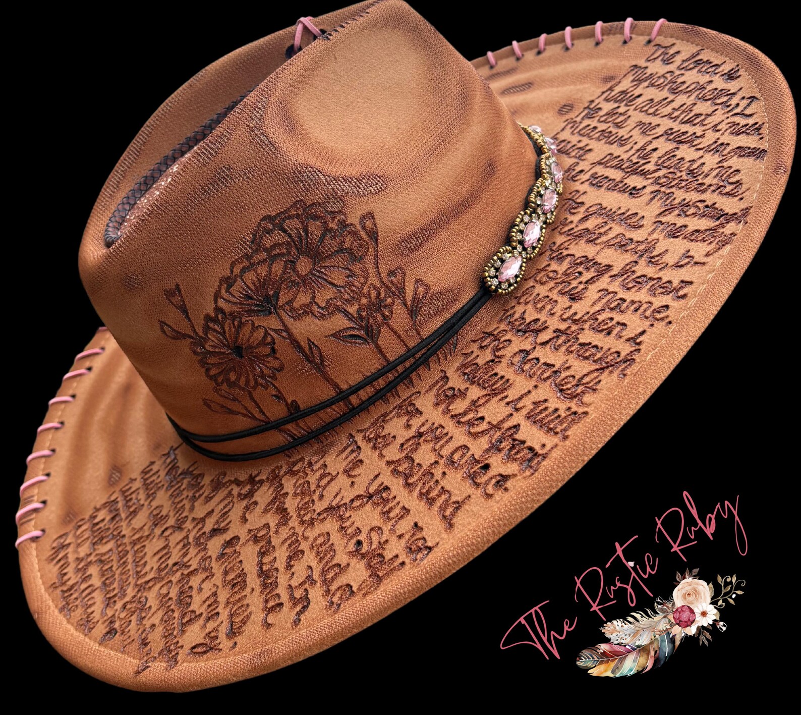Pslam of David Hat, Hand Burned Flower Brim, Wide Brim Western Hat With ...
