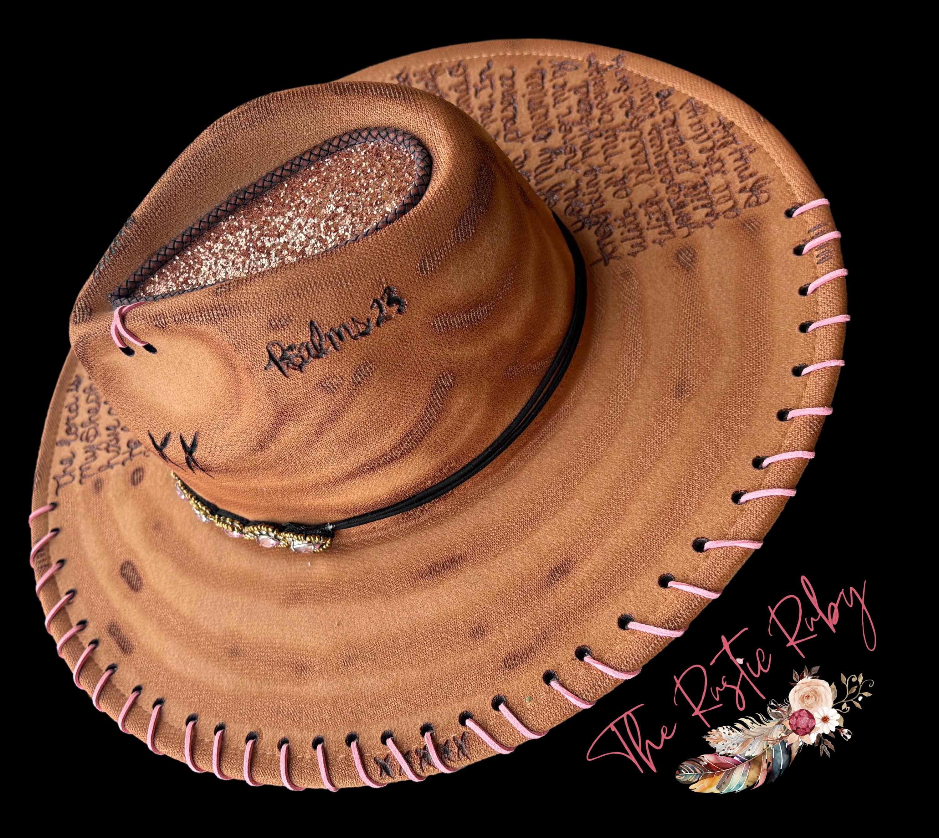 Pslam of David Hat, Hand Burned Flower Brim, Wide Brim Western Hat With ...