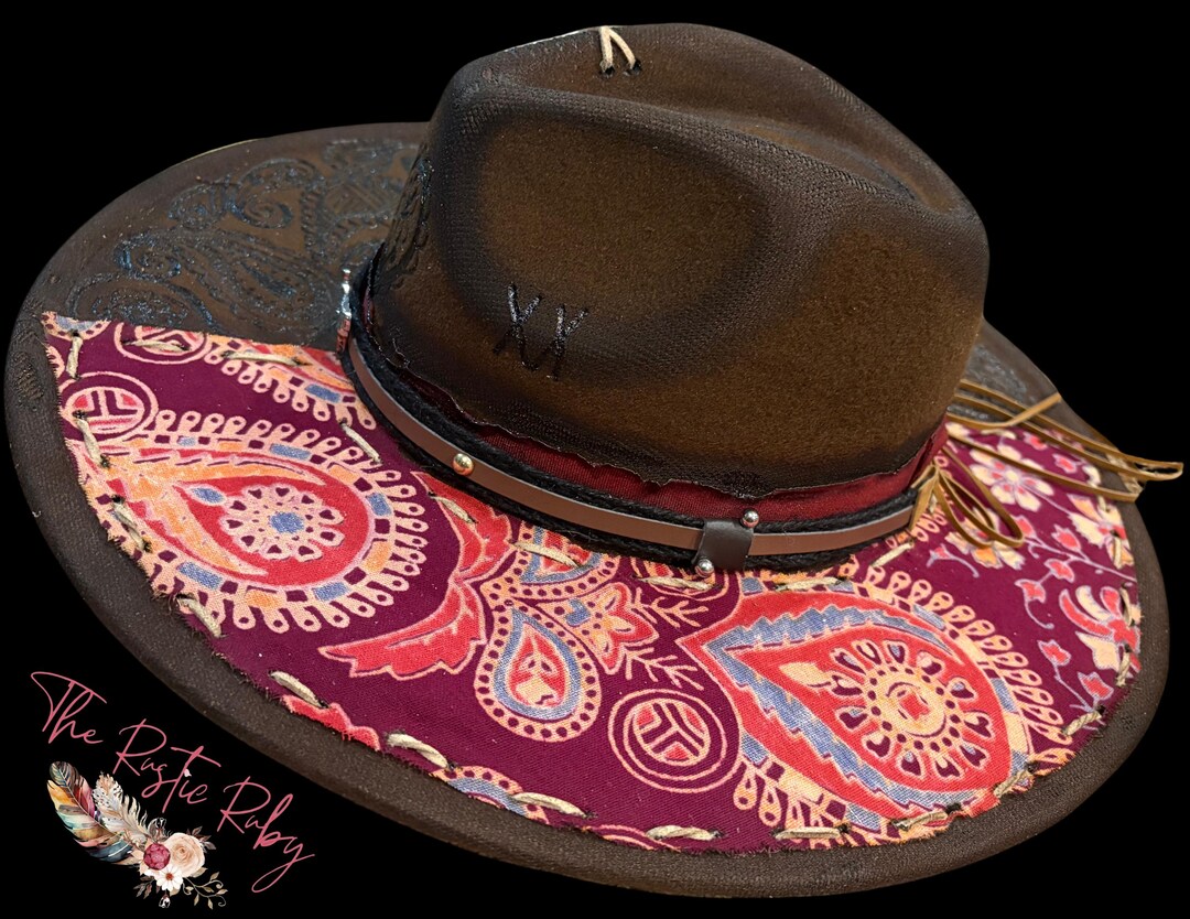 HAND BURNED Fedora|hand Burned Paisley Wide Brim Hat With Boho Fabric ...