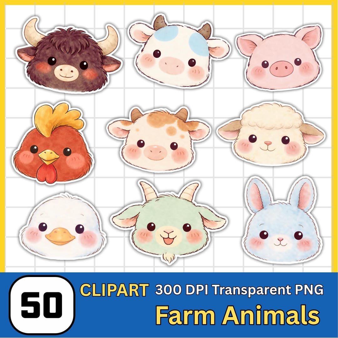 Farm Animals Face Clipart for Teachers & Preschool Activities - 50 PNG ...