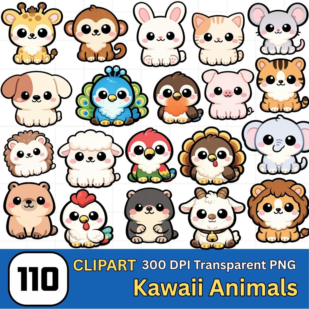 Kawaii Animals Clipart PNG Bundle | 110 Pastel Kids Illustration ...