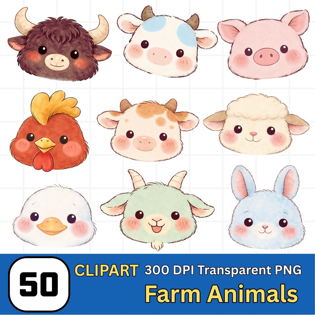 Farm Animals Face Clipart for Teachers & Preschool Activities - 50 PNG ...