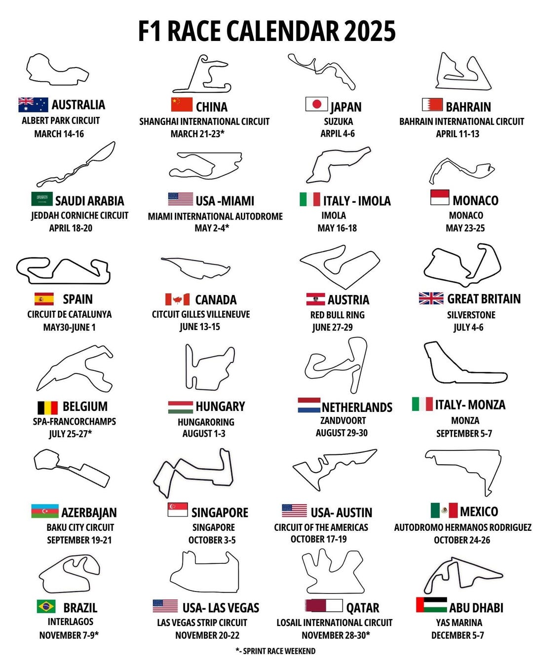 2025 Formula 1 Printable Race Dates Calendar track Every Race Date ...