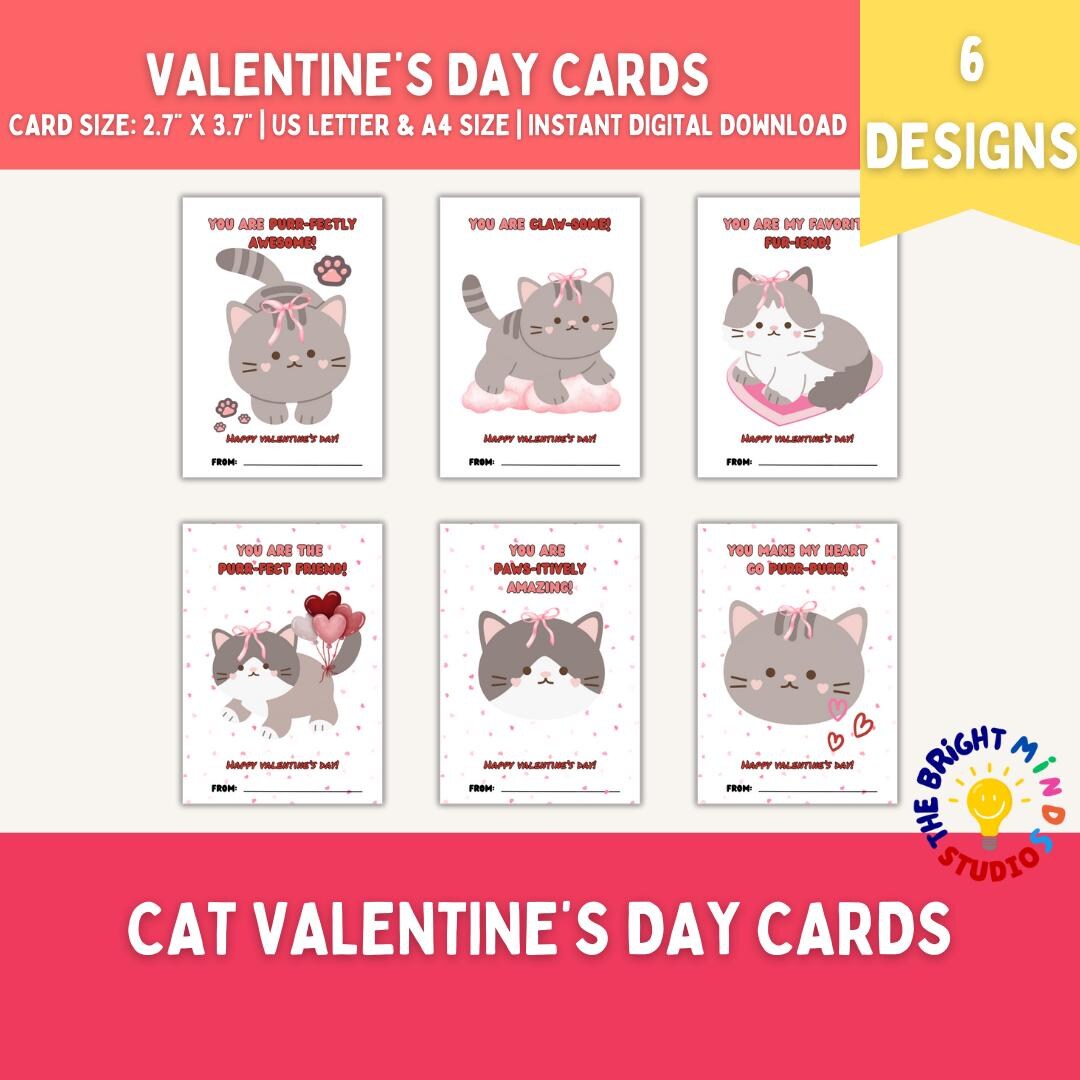Printable Valentine's Day Cards Cat Valentine's Day Cards Kids ...