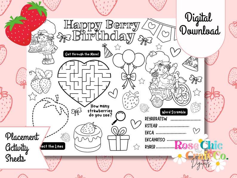 Happy Birthday Coloring Activity Placemat| Strawberry Girl| Shortcake ...