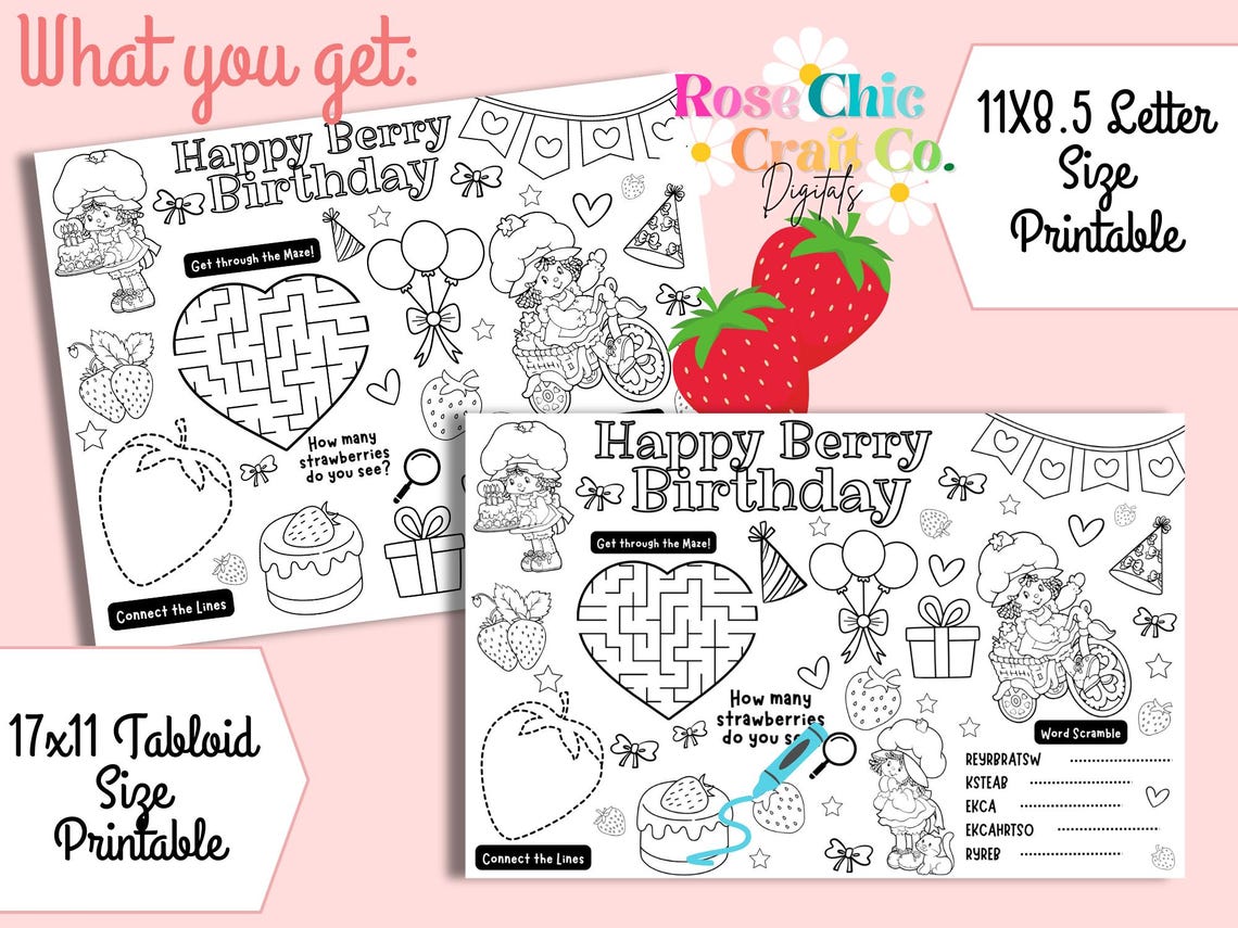 Happy Birthday Coloring Activity Placemat| Strawberry Girl| Shortcake ...