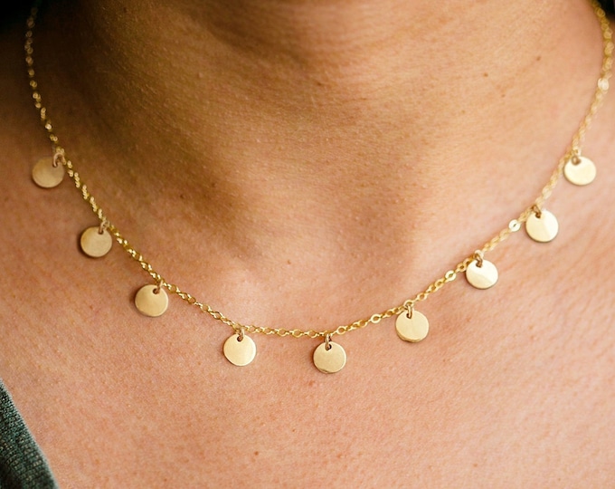 Gold Coin Drop Necklace Round Discs in 14K Yellow or White Gold, Gold ...