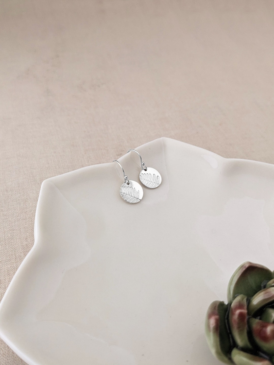 Dainty Silver Leaf Earrings Botanical Minimalist Earrings In Sterling Silver Tiny Hand Stamped
