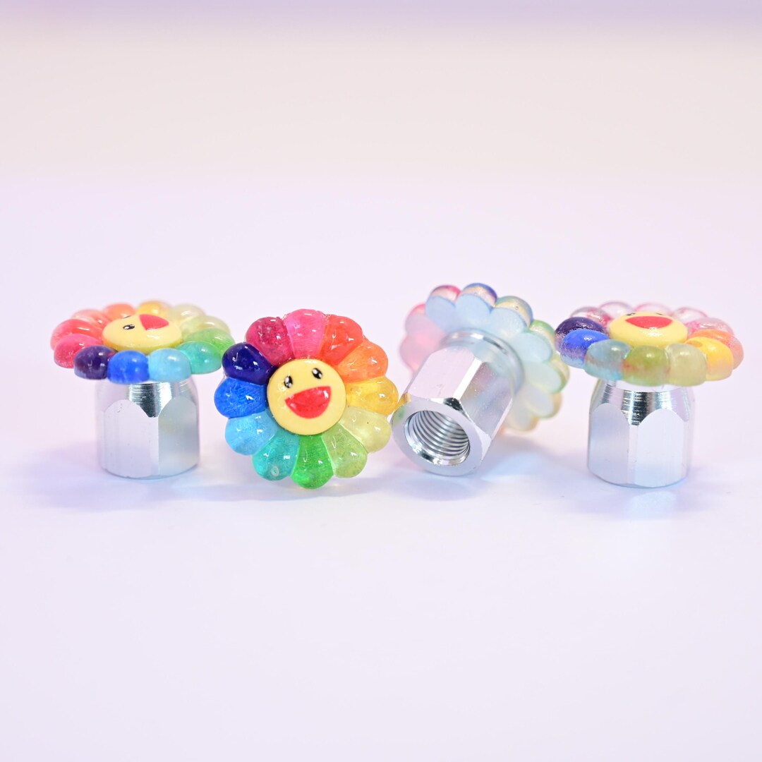 4-pack Handmade Smiling Daisy Series Valve Caps, Vibrant Car & Bike ...