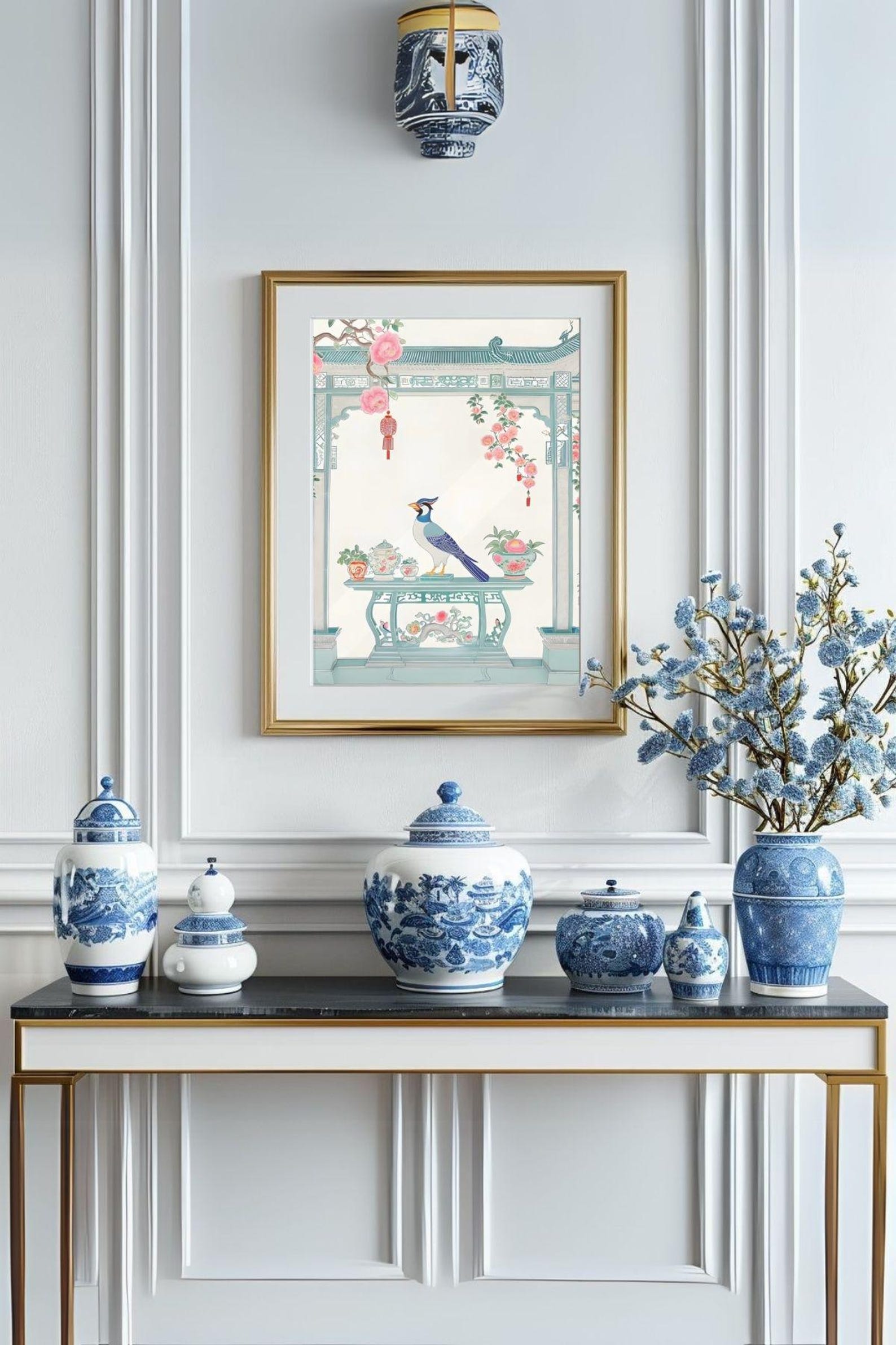 Blue Jay and Floral Chinoiserie Wall Art Blue and White Porcelain Decor ...