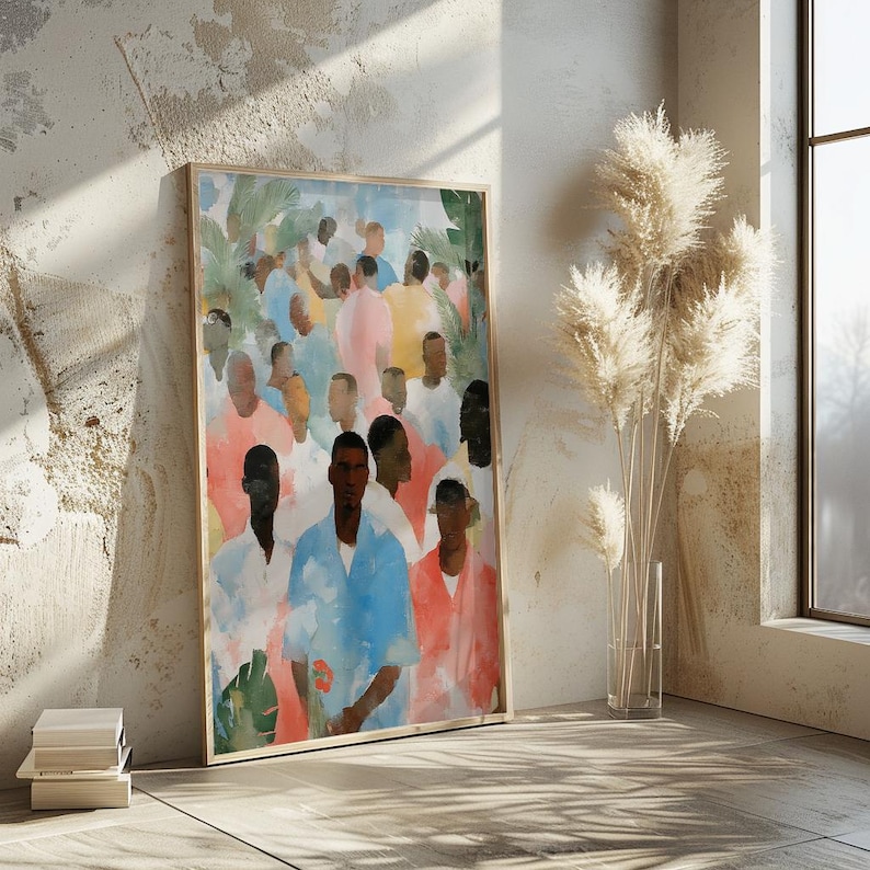 Black Men Gathering Wall Art | Soft Pastel Folk Art Print | Digital ...