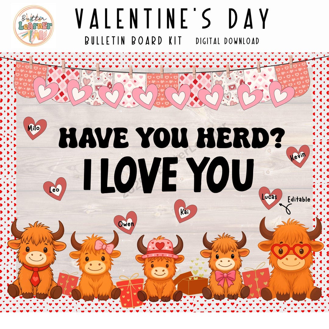 Valentine's Day Bulletin Board Kit Highland Cow Theme Classroom Decor ...