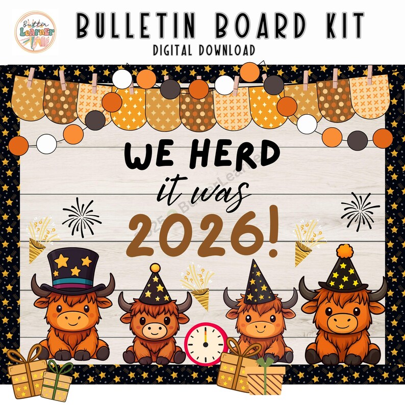 New Year Bulletin Board Kit Highland Cow Theme January Classroom Decor ...