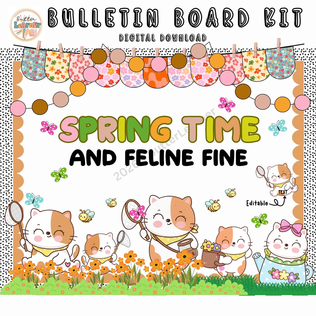 Spring Bulletin Board Kit With Cats | Editable Classroom Decor (digital ...