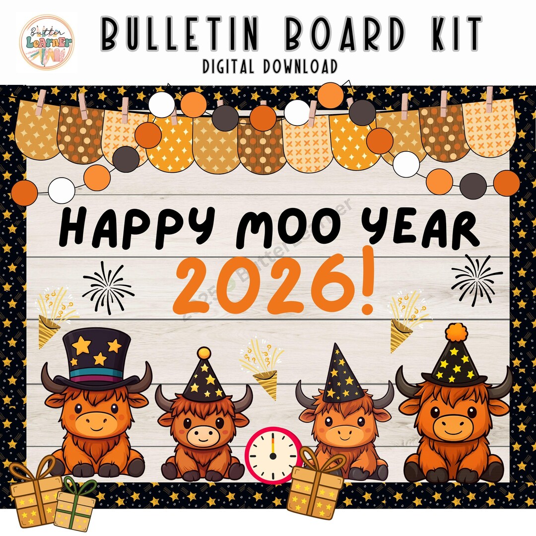 New Year Bulletin Board Kit Highland Cow Theme January Classroom Decor ...