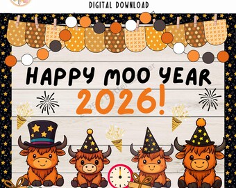 New Year Bulletin Board Kit Highland Cow Theme January Classroom Decor ...