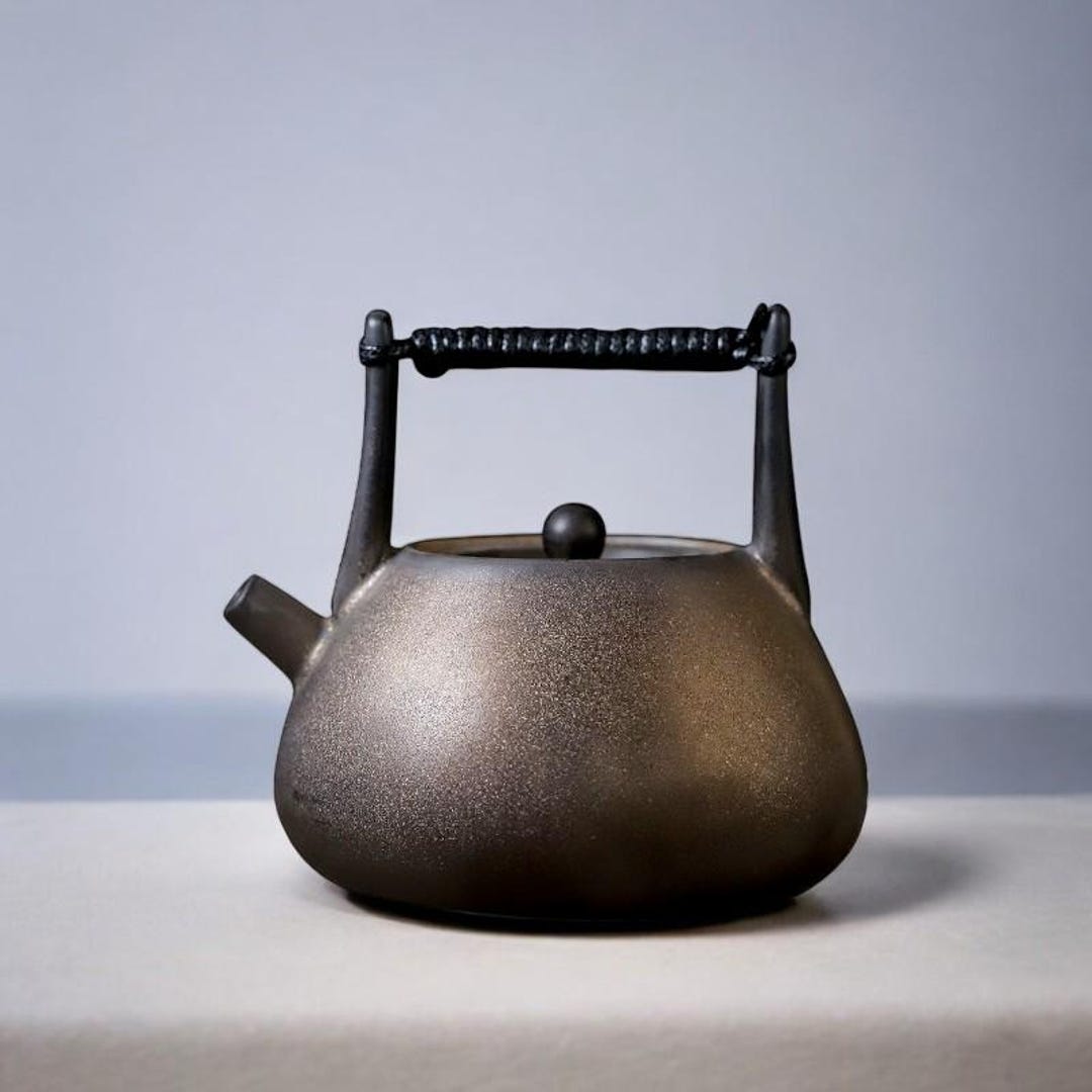 Gilded Ceramic Round Teapot 200ml - Metallic Glaze, Zen Patina Effect ...