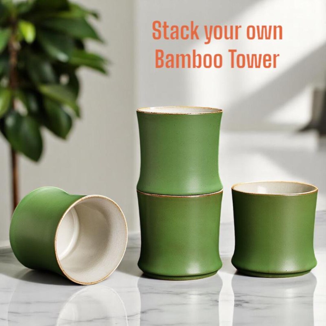 Set of 2, Gift Pack, Stackable Bamboo Spirit Ceramic Tea Cups -nature ...
