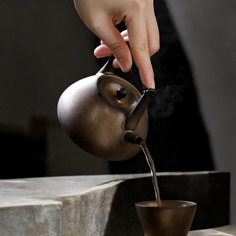 Gilded Ceramic Round Teapot 200ml - Metallic Glaze, Zen Patina Effect ...