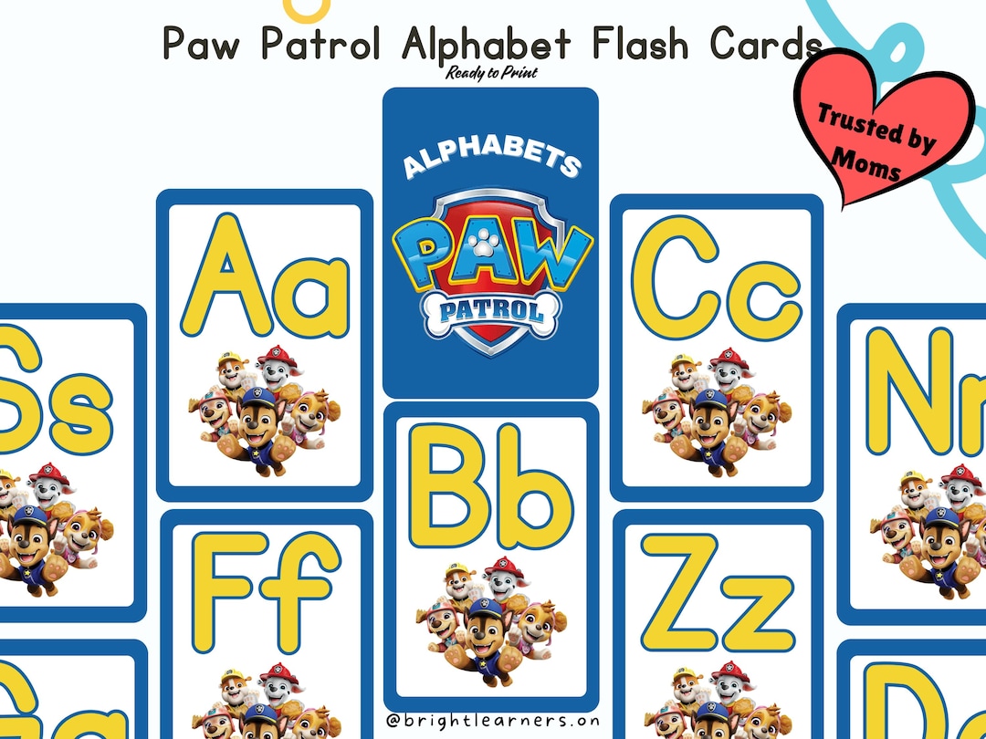 Paw Patrol Alphabet Flash Cards for Toddlers Kids and Preschool ...
