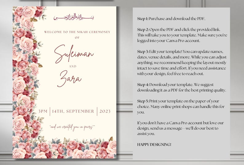 Islamic Wedding Poster Template, Asian Wedding, Cream, Pink Floral ...