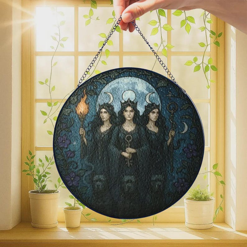 Hecate Triple Moon Stained Glass Halloween Suncatcher, Goddess of ...