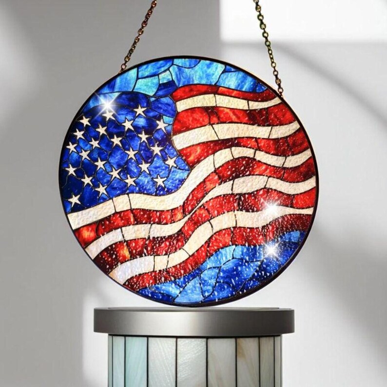 SA Flag Map Stained Glass Suncatcher, 4th of July Hanging, America Flag ...