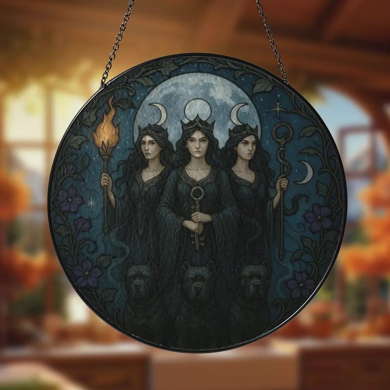 Hecate Triple Moon Stained Glass Halloween Suncatcher, Goddess of ...