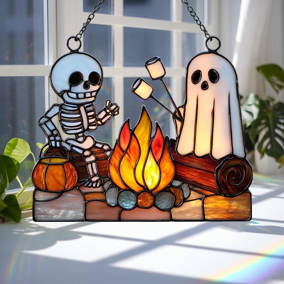 Halloween Campfire Ghost & Skeleton Acrylic Suncatcher, Spooky Season ...