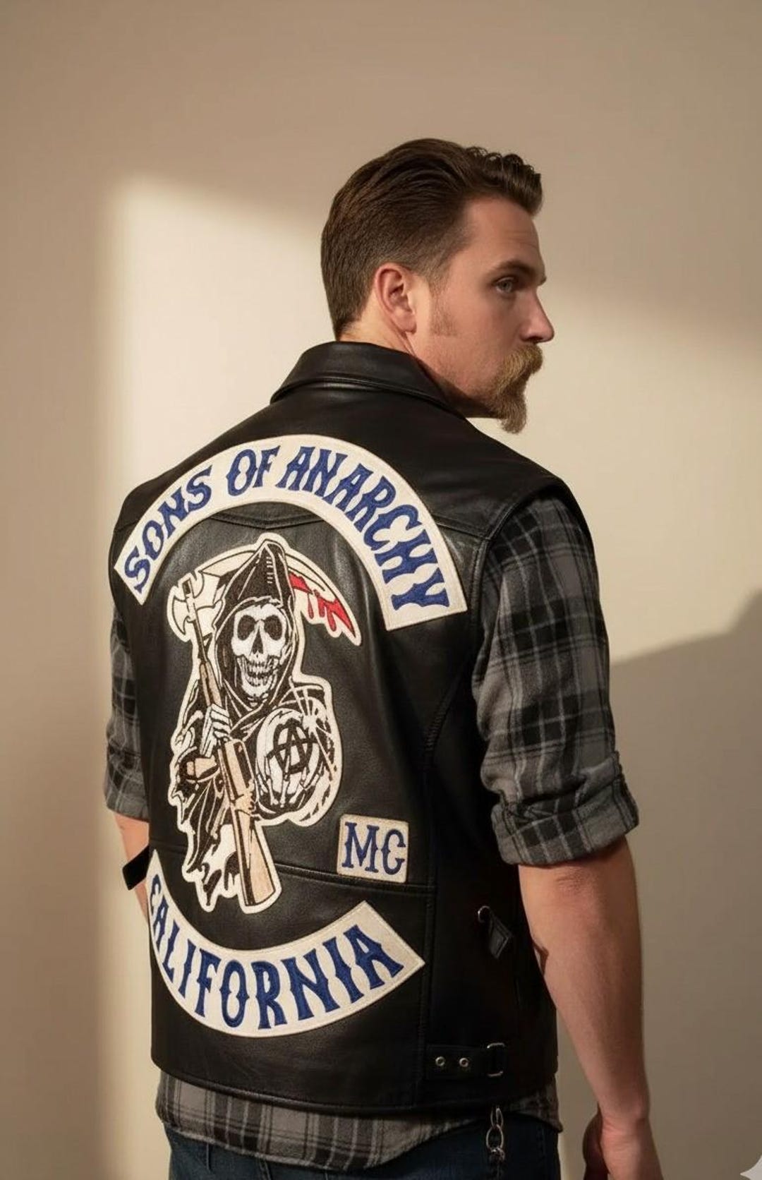 Men's Real Leather Biker Vest | SOA Embroidered Patches - Etsy