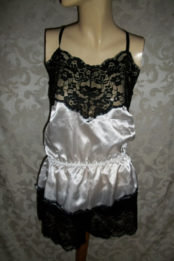 Victorias Secret Black Lace and White Satin Teddy - Gem
