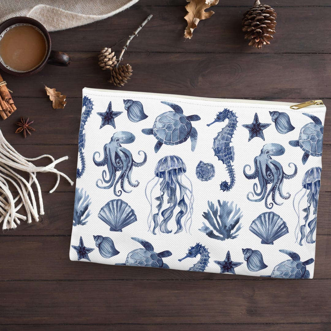 Sea Creature Accessory Pouch Blue, Flat, Ocean Animal Themed Accessory ...