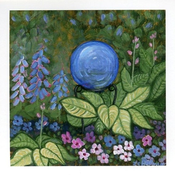 Blue Gazing Ball Art Print Hostas and Blue Gazing Ball Art | Etsy