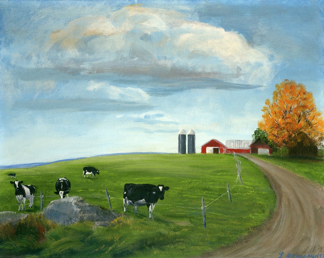 Landscape Farm Art Print - Farm and Cow Landscape Art Print - Farmhouse ...