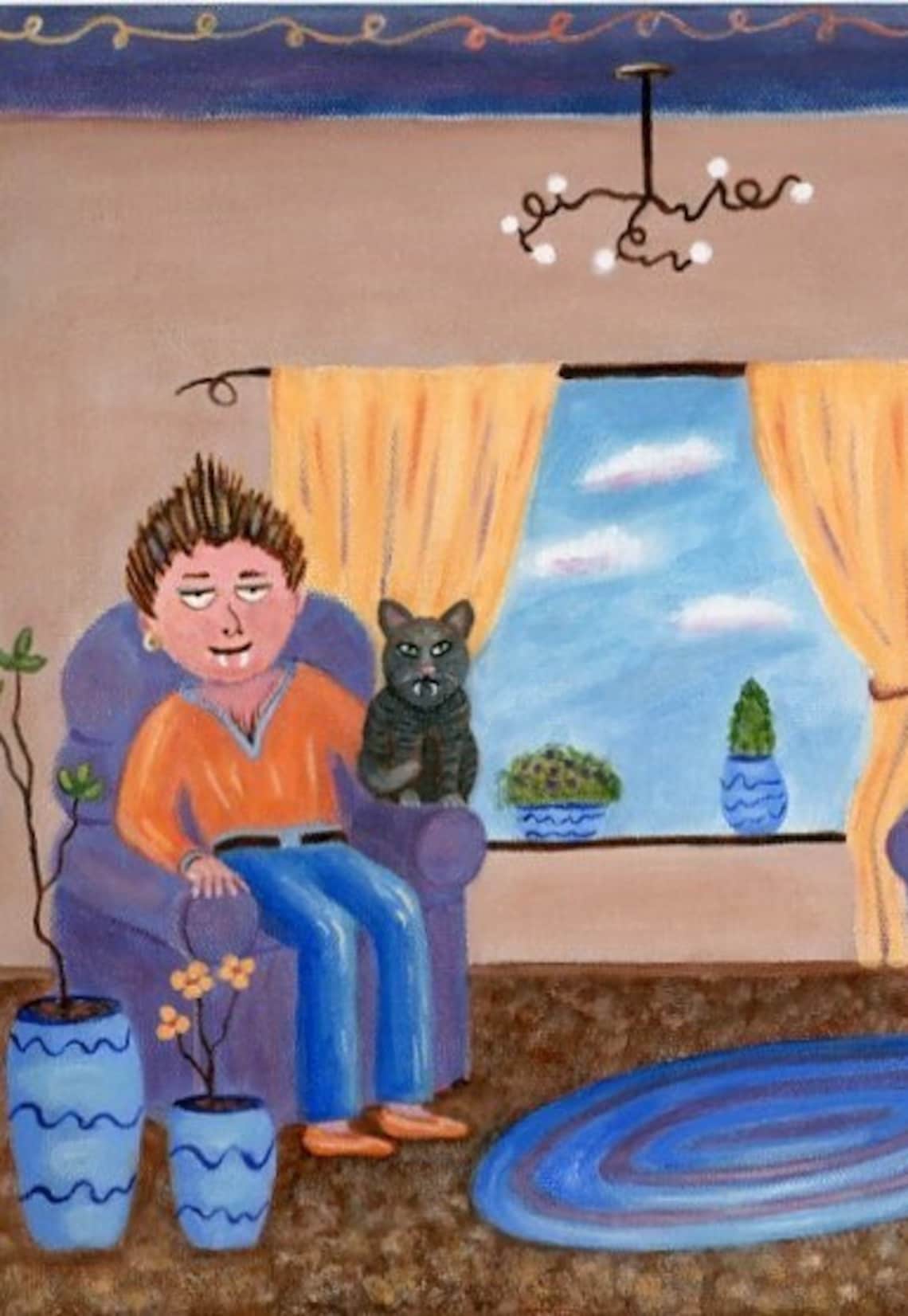 Funny Folk Art Man Art Print Funny Cat Art Print Funny - Etsy