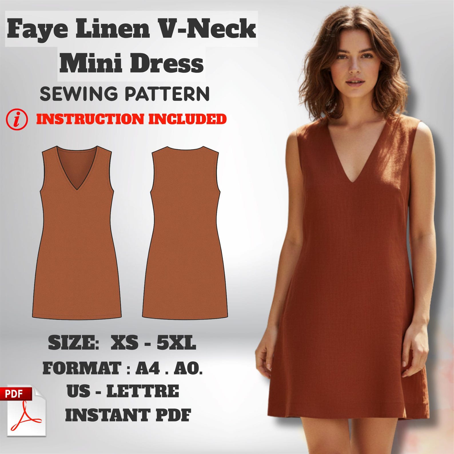 Patrón de costura para minivestido de lino con escote en V: corte A sin ...