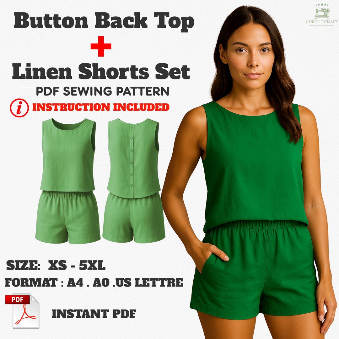 Linen Shorts Set Sewing Pattern PDF: Button Back Top + High Waist ...