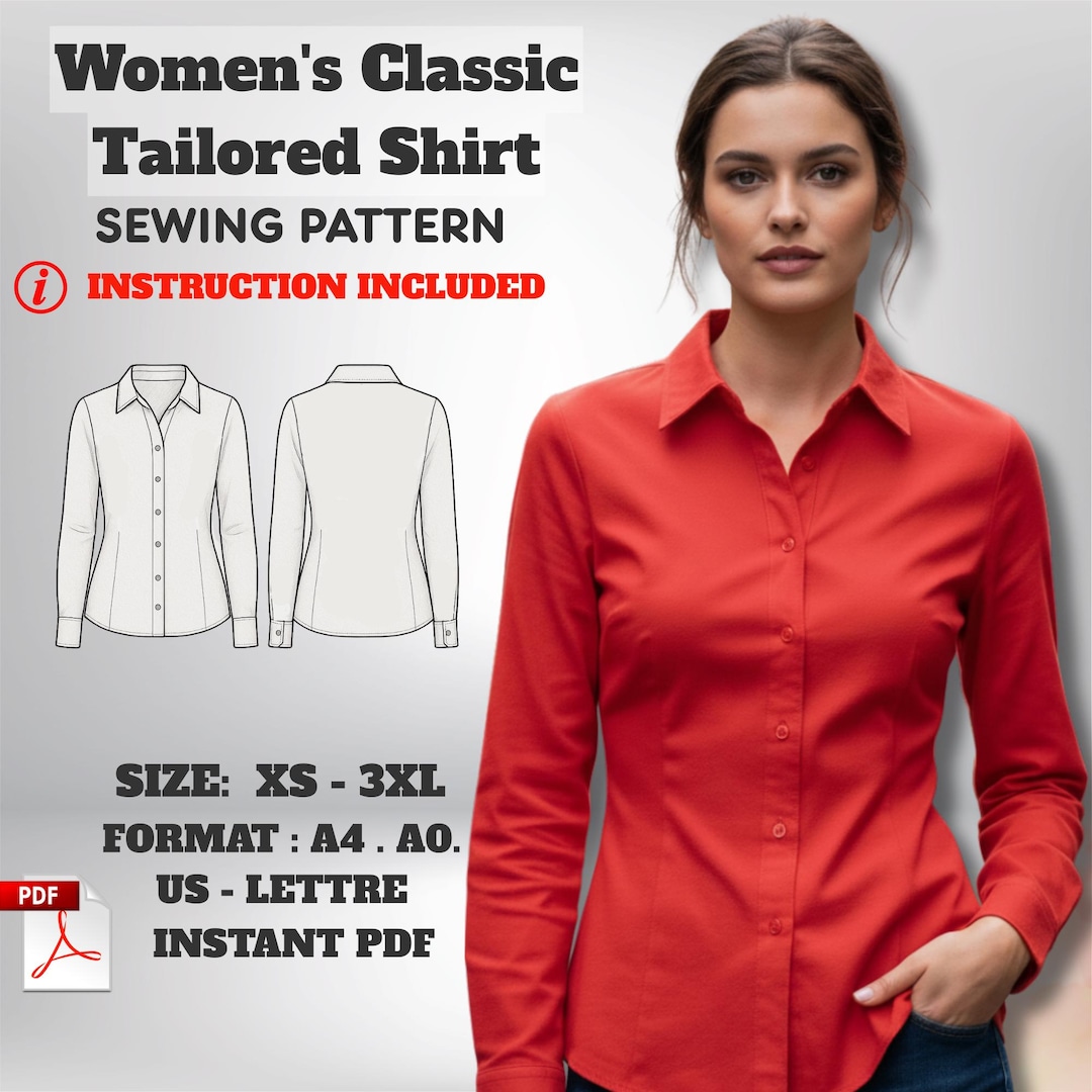 Classic Tailored Shirt Pattern, Women’s Fitted Button up Blouse, Office ...