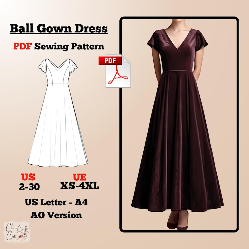 Ball Gown Dress PDF Sewing Pattern Elegant Evening Dress DIY Formal ...