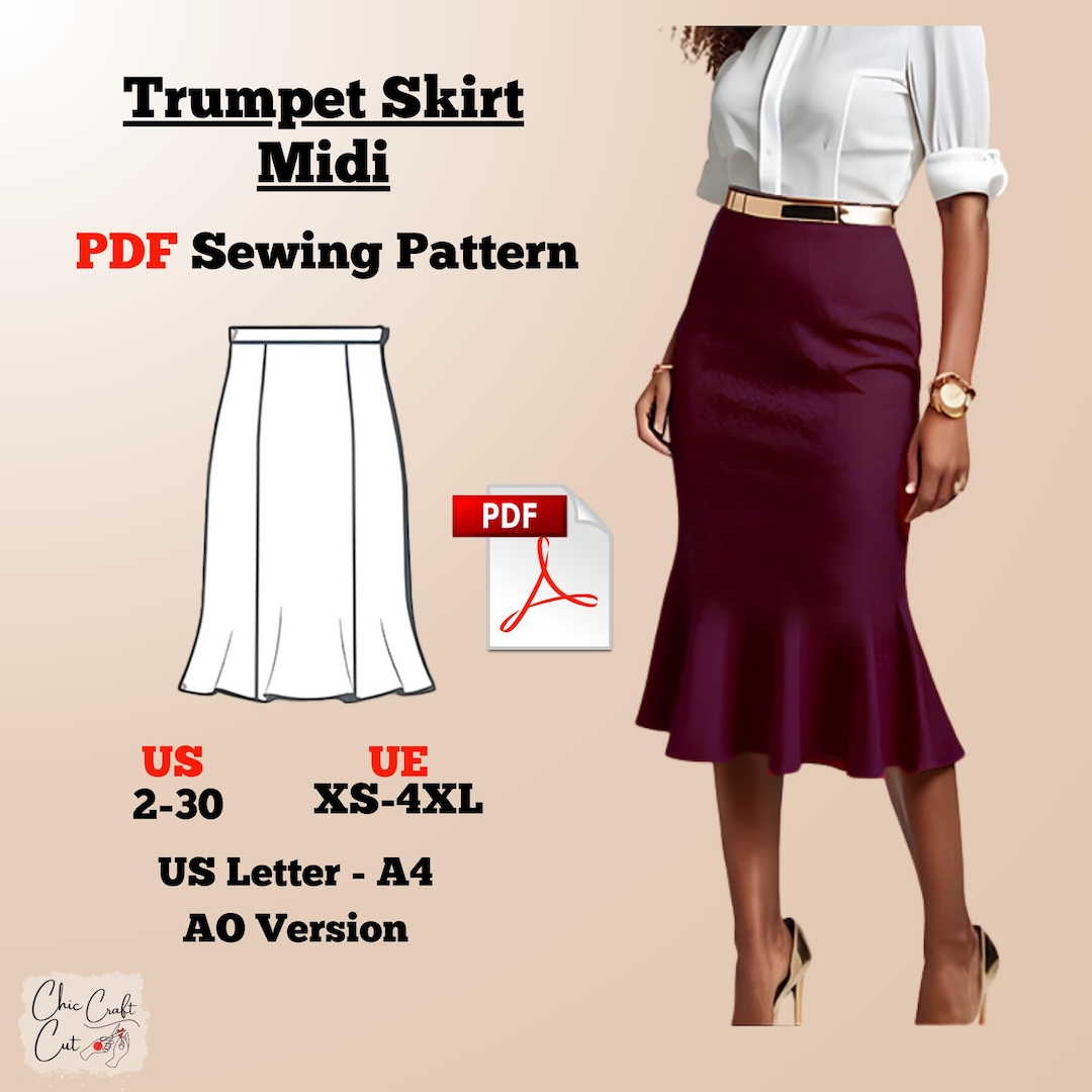 Trumpet Skirt Midi Sewing Pattern PDF DIY Flared Skirt Womens Elegant ...