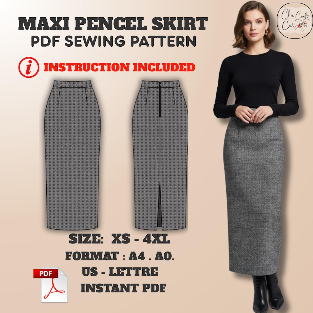 Pencil Skirt Sewing Pattern: Maxi Length Tweed With Back Vent (XS–4XL ...