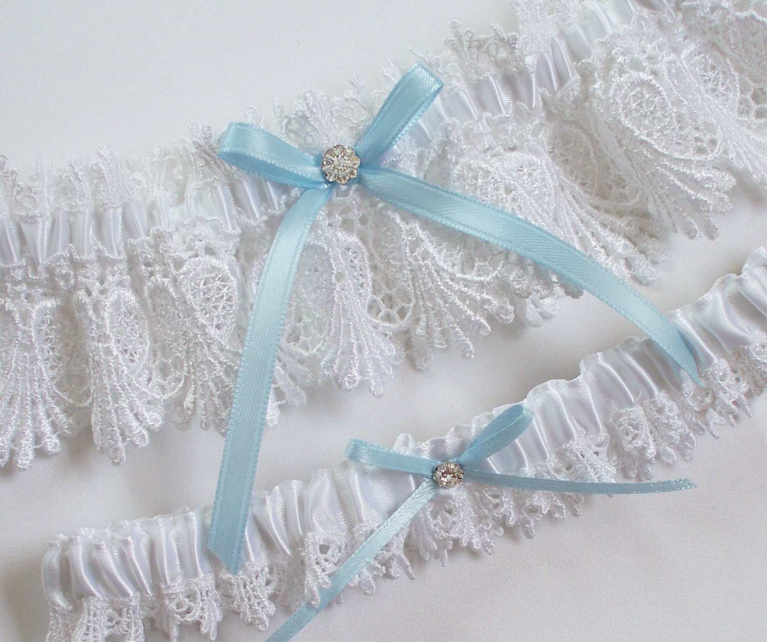 White Lace Garter Set With Light Blue Ribbon Bow and Crystal - Etsy