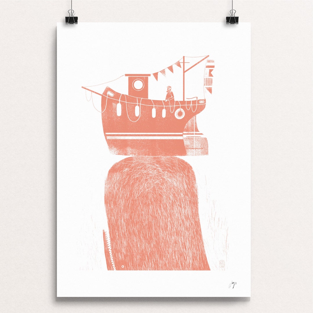 Whale & Fishing Boat (in Pink) - Signed Print - Etsy
