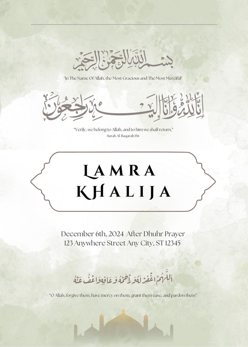 Editable Muslim Funeral Announcement Template | Islamic Prayer ...
