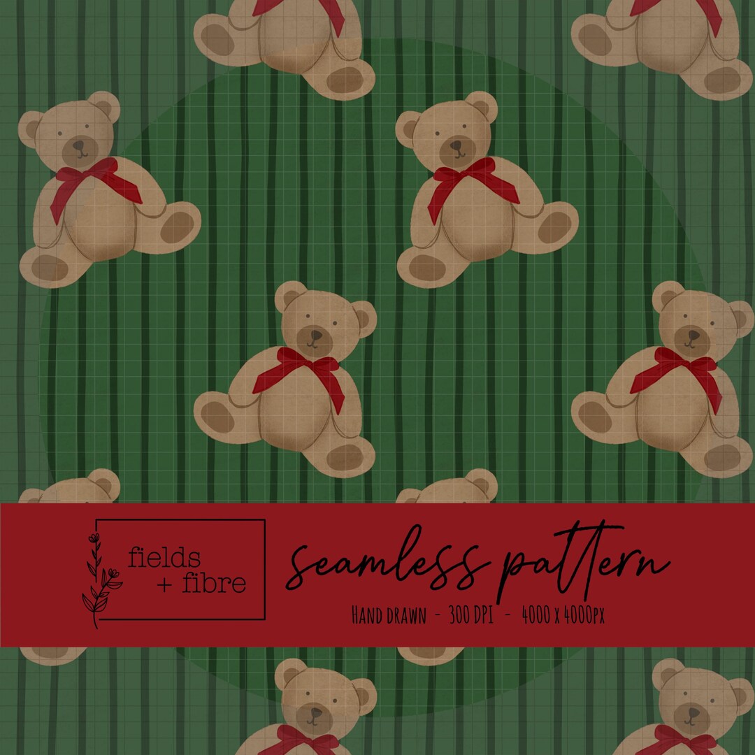 Teddy Bear Striped Christmas Seamless Pattern Hand Drawn Bears Digital ...